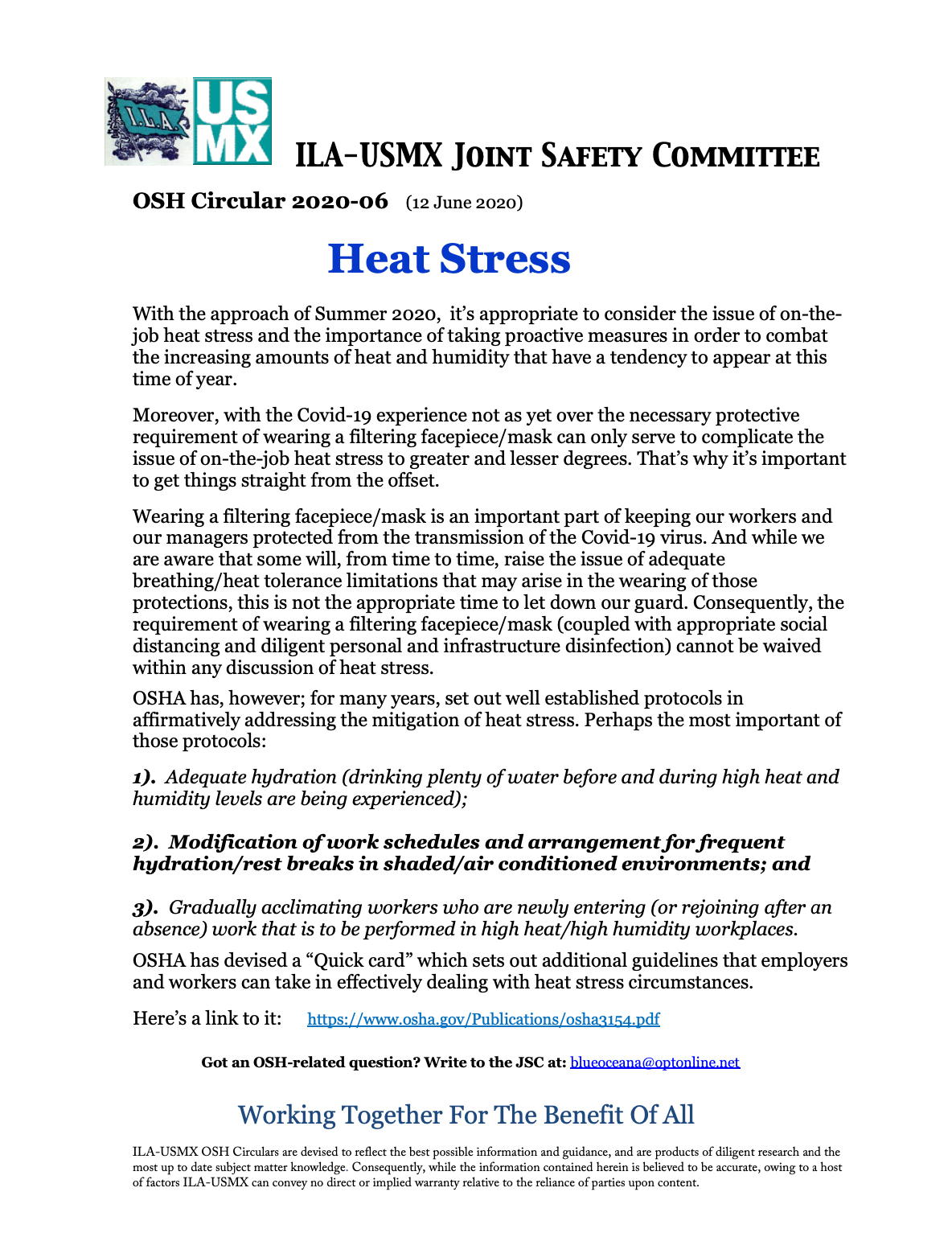 ILA-USMX JOINT SAFETY COMMITTEE: OSH ALERT 2020-06 – HEAT STRESS – ILA ...