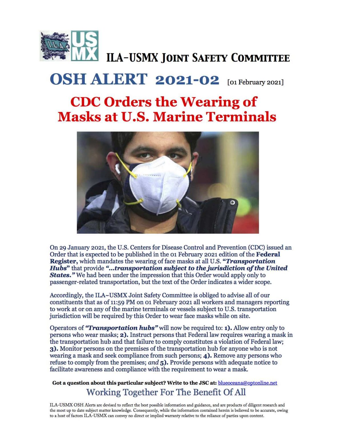 ILA-USMX JOINT SAFETY COMMITTEE OSH ALERT: 2021-02 – CDC MASK ORDER ...