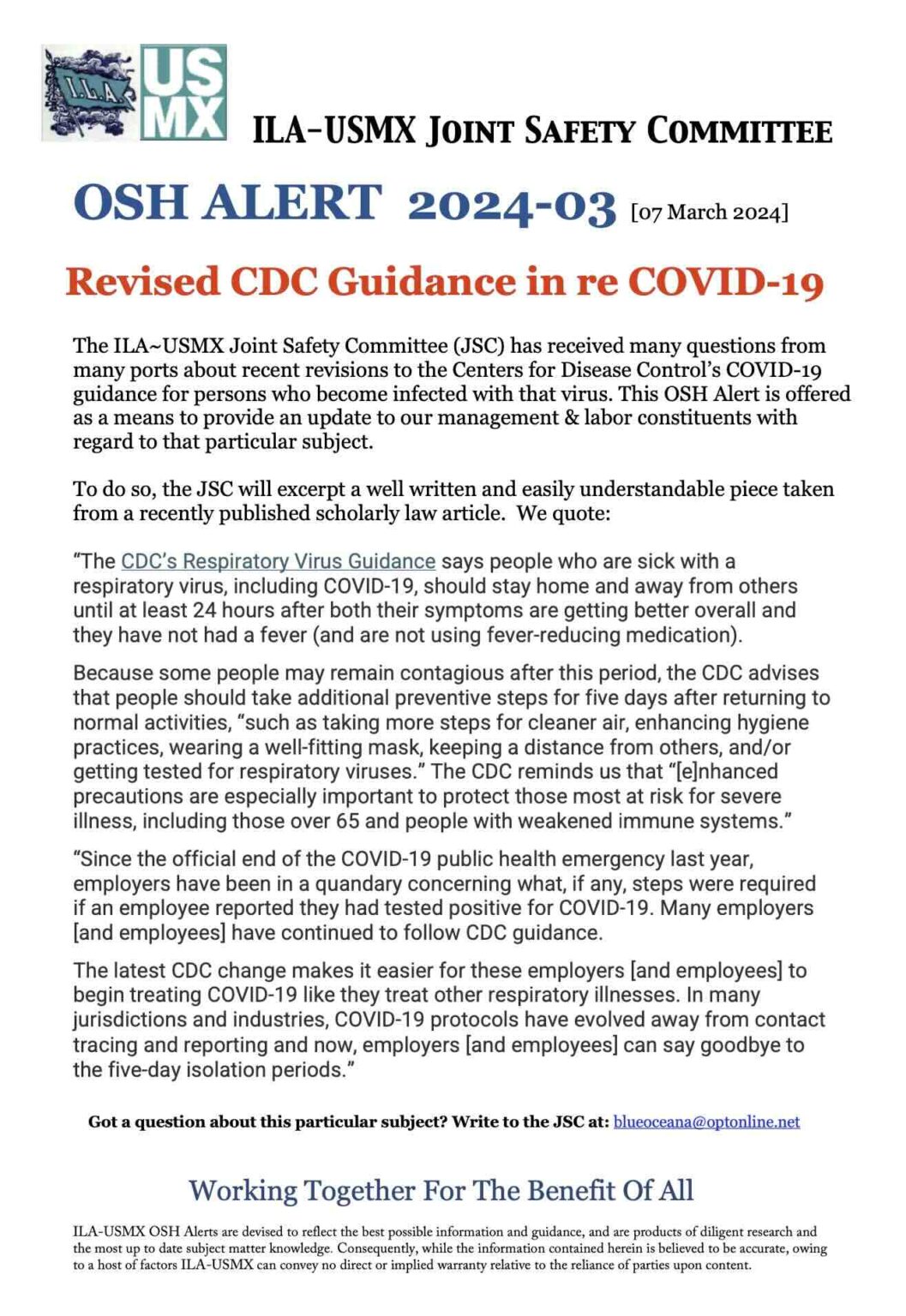 ILA-USMX Joint Safety Committee OSH Alert 2024-03: Revised CDC Guidance ...
