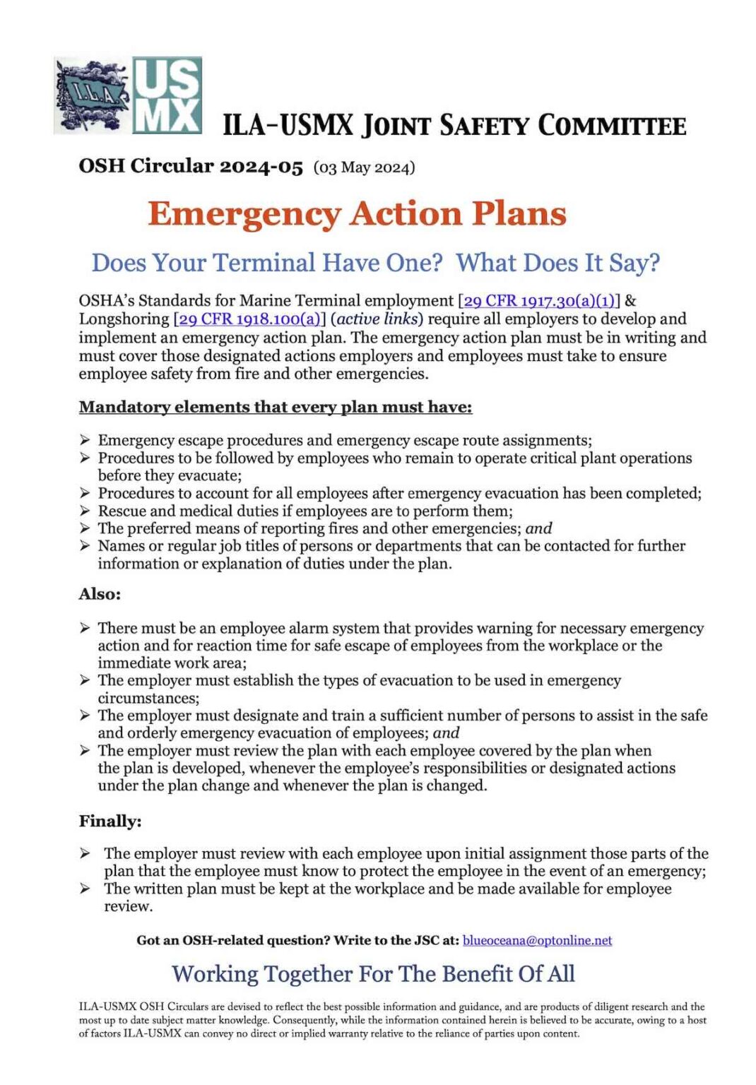 ILA-USMX Joint Safety Committee OSH Alert 2024-05: Emergency Action ...