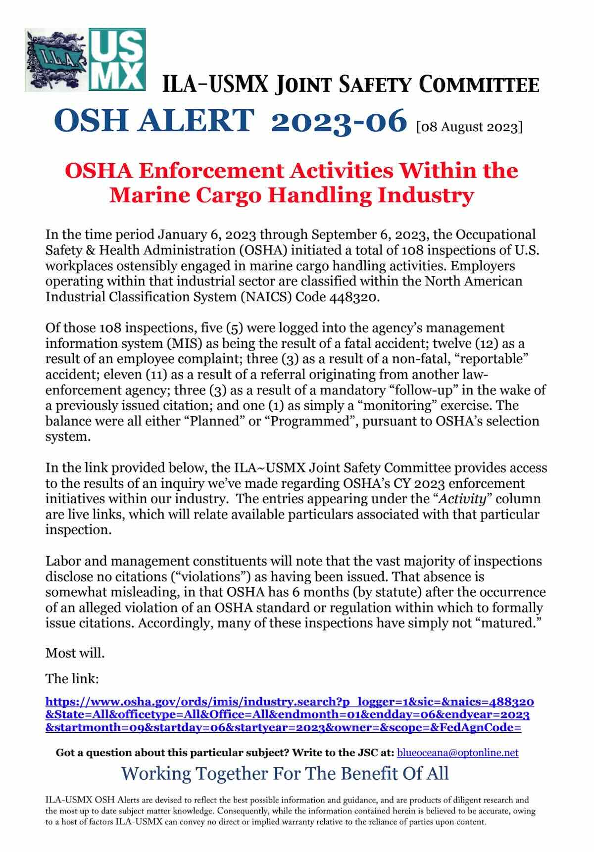 ILA-USMX Joint Safety Committee OSH Alert 2023-06: OSHA Enforcement ...