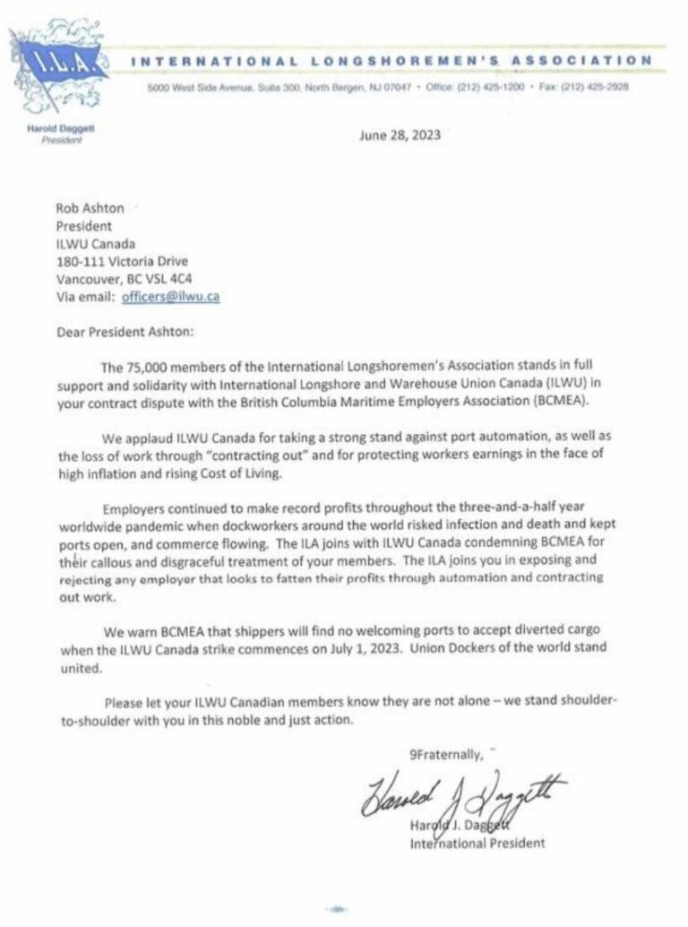 ILA President Harold Daggett Pledges Full Support and Praises Canadian ...