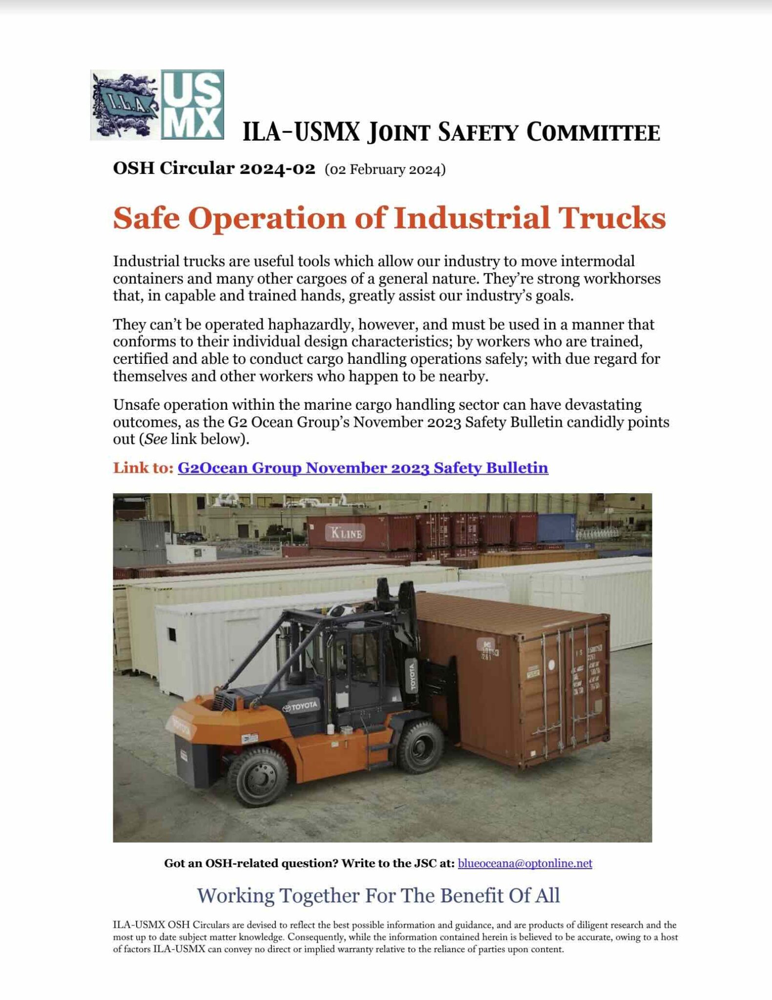 ILA-USMX Joint Safety Committee OSH Alert 2024-02: Safe Operations of ...