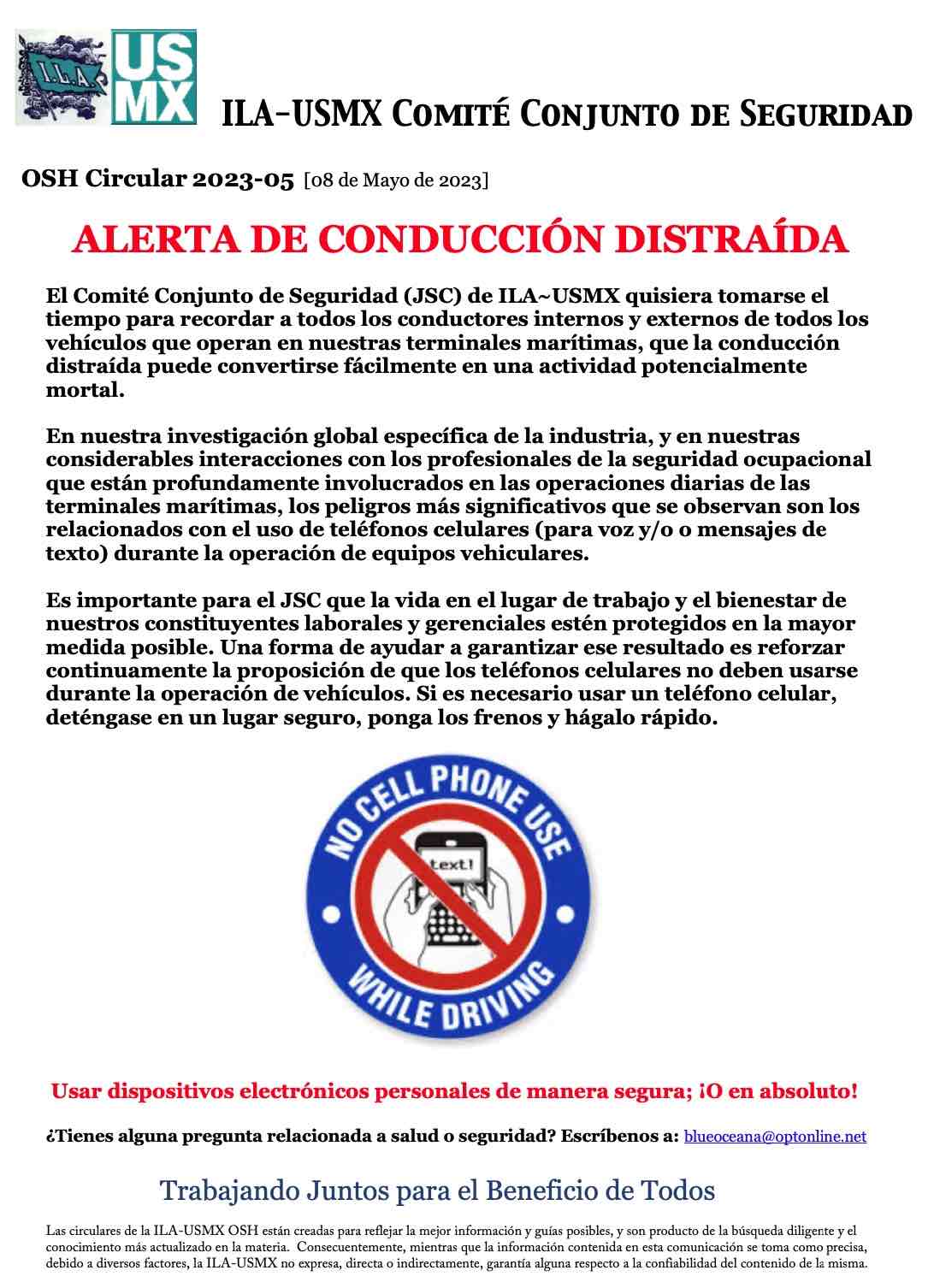 ILA-USMX Joint Safety Committee OSH Alert 2023-05: Distracted Driving ...